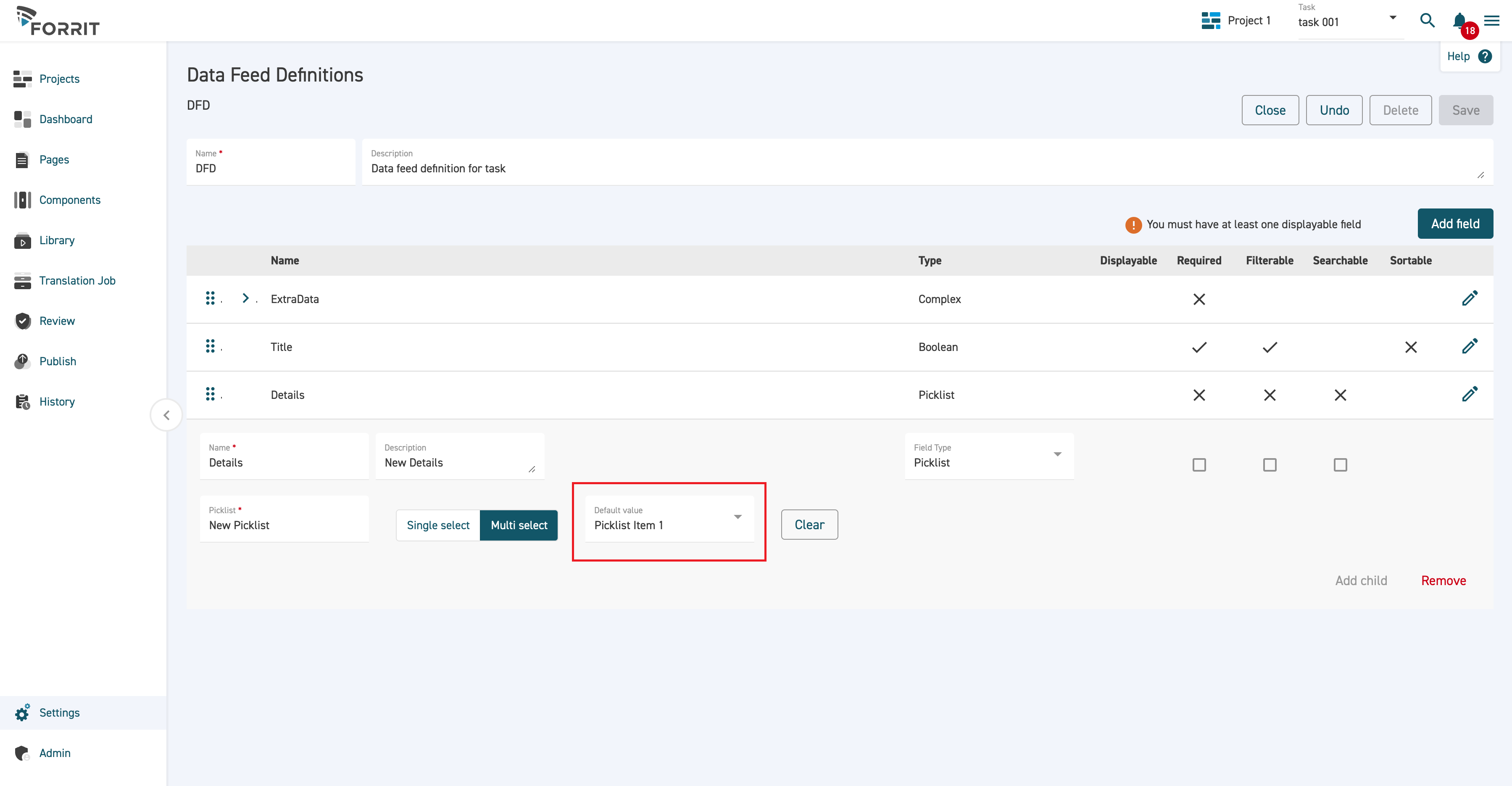 Setting up a picklist in Data Feed Definitions